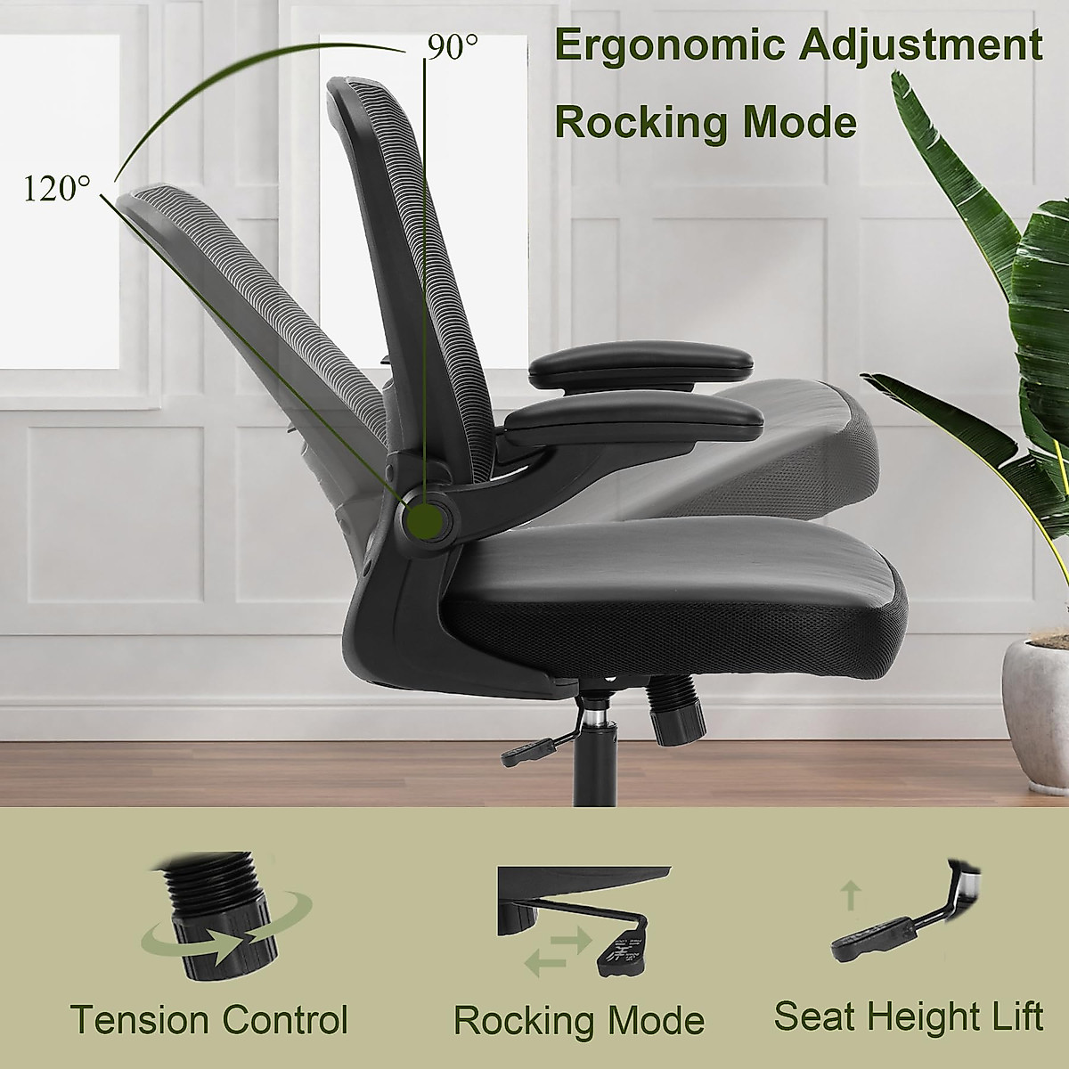 TOPBSHODC Office Chair Ergonomic Mesh PU Leather Desk Chair,Executive Computer Chair with Lumbar Support Flip up Arm,Swivel Rolling Home Office Chair with Adjustable Height,Black Task Chair with Wheel