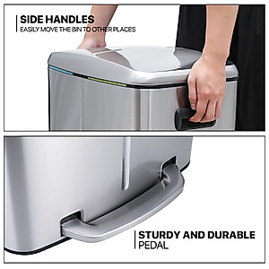 MoNiBloom 2-Compartment Step Trash Can with Soft-Close Lid for Kitchen Bathroom Bedroom Living Room Home Office Dorm Fingerprint-Proof Foot Pedal Garbage Bin Removable Bucket Stainless Steel 40-Liter