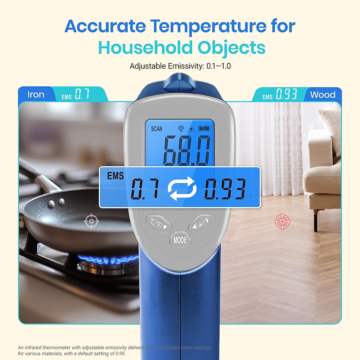 Etekcity Infrared Thermometer Upgrade 774, Heat Temperature Temp Gun for Cooking, Laser IR Surface Tool for Pizza, Griddle, Grill, HVAC, Engine, Accessories, -58°F to 842°F, Blue