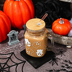 Whaline Halloween Mason Jar Mug with Handle 18oz Cute Ghost Mason Jar Drinking Glasses Halloween Ghost Ice Coffee Cups Glass Mugs Tumbler with Lid and Straw for Iced Coffee Tea Soda Cocktail Gifts