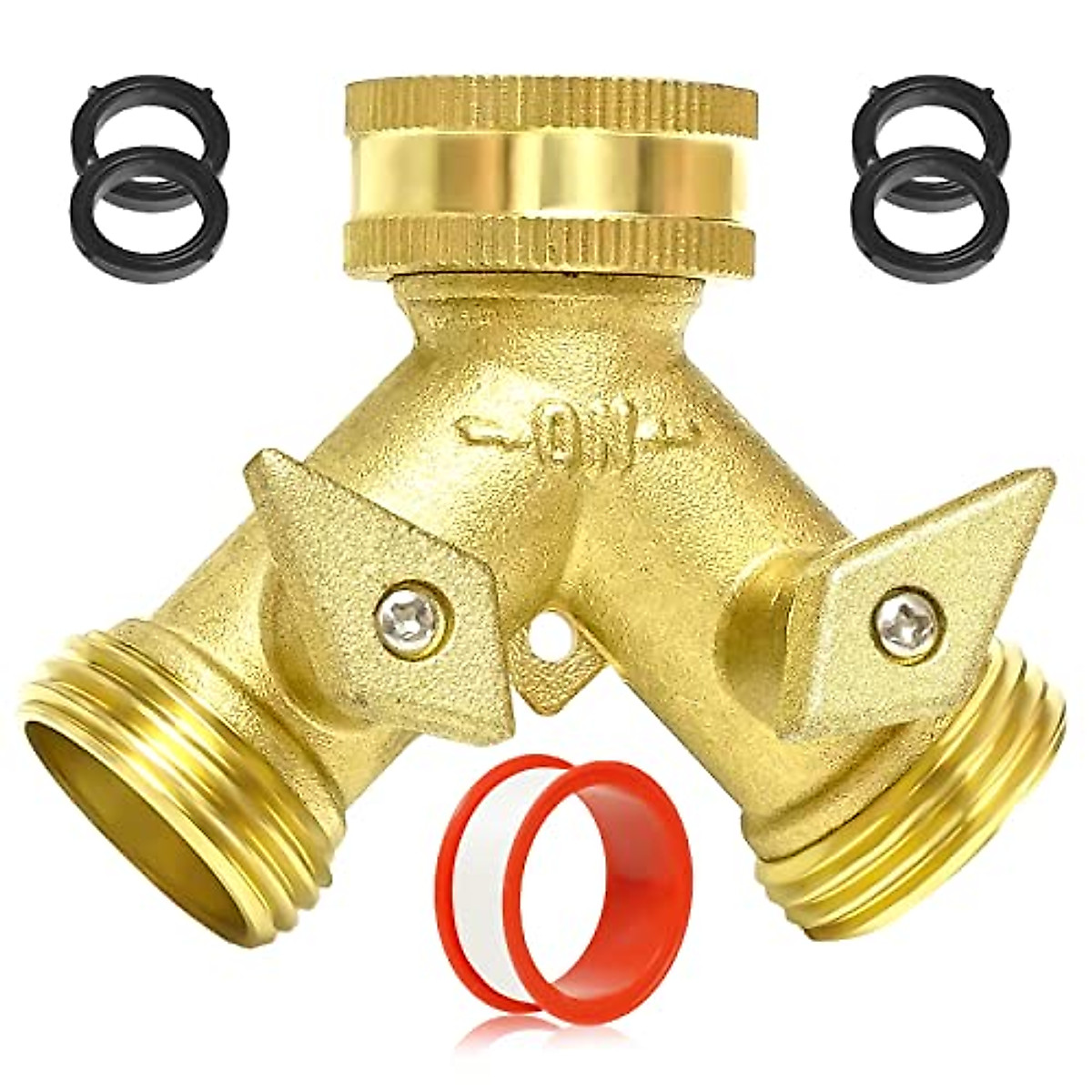 Garden Hose Splitter 2 Way - Heavy Duty Solid Brass Hose Y Splitter，Hose Faucet Splitter,3/4" Brass Hose Adapter Connectors Shut Off Valve, Hose Spigot Adapter 2 Valves, Plus 4 Extra Rubber Washers.