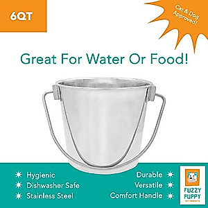 Fuzzy Puppy Heavy Duty Pail with Contoured Handle, Great for Dog, Cat and Critter Crates, Kennels, Coups & Cages, Stainless Steel, Silver, 6-Quart (HDP-6)