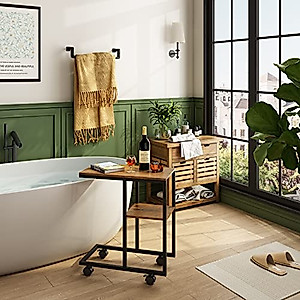 Hoctieon C Shaped End Table, Slim Side Table, Small End Table with Wheels, Snack Side Table with Storage, Sofa Table, for Living Room, Sofa, Couch, Bedroom, Vintage, Rustic Brown