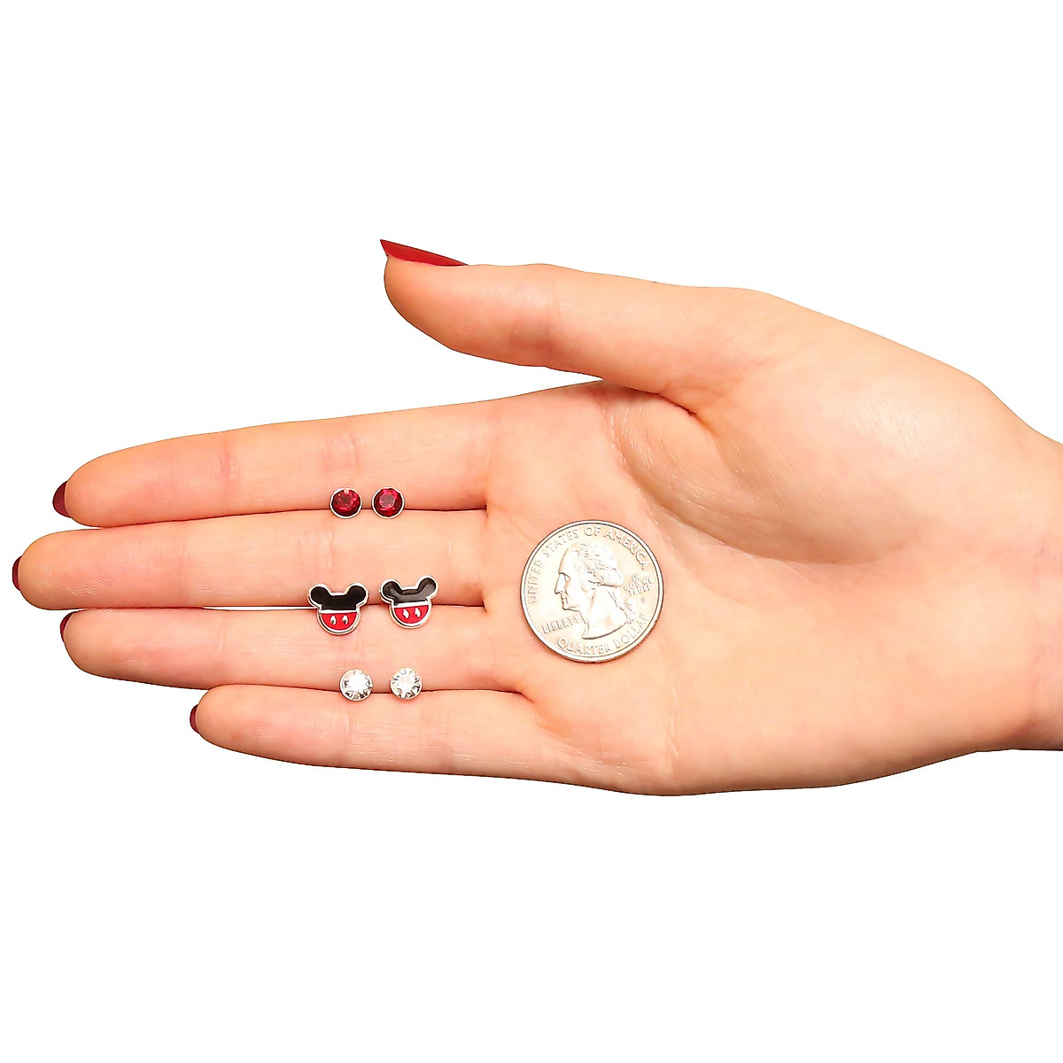 Disney Mickey Mouse Silver Plated Crystal Stud Earring Set, 3 Pairs - Officially Licensed