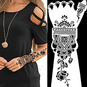 QSTOHENA 12 Sheets Large Henna Tattoo Stencils Kit,Reusable Self Adhesive Tattoo Template For Women Girls Hand Body Paint Indian Arabian Tattoo Stickers