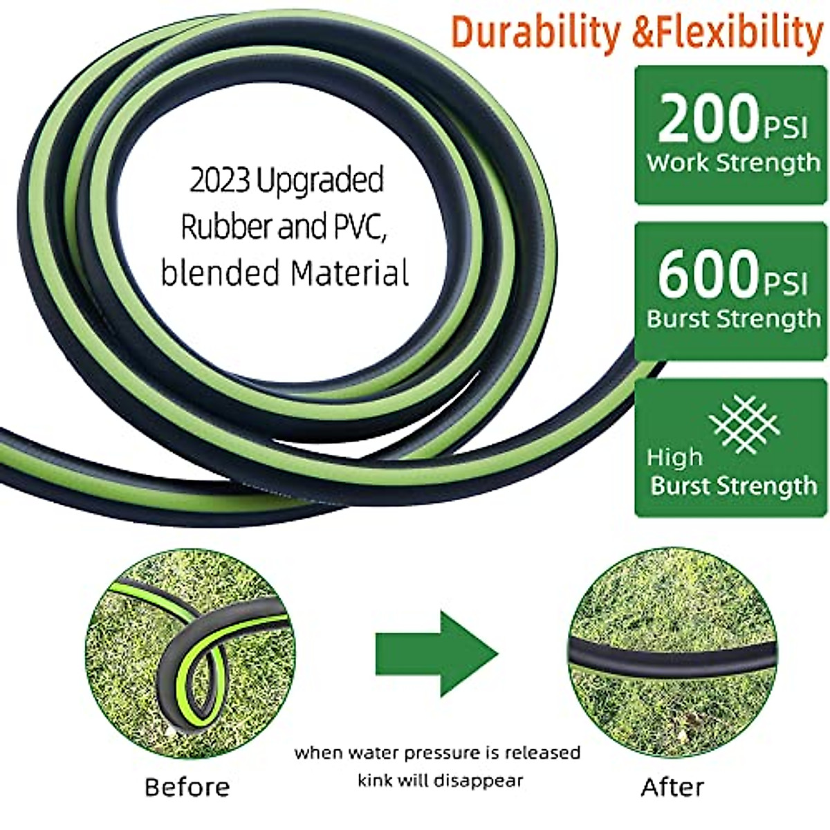 Hybrid Garden Hose 100 ft x 5/8 in Heavy Duty Water Hoses –All New 2023 Upgraded Flexible&Lightweight Car Washing Pipe – Burst 600 psi,Kink-free Rubber Hose for Backyard, 3/4'' Solid Brass Fittings