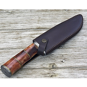 SHOKUNIN USA 7-Inch Full-Tang Damascus Steel Bowie Hunting Knife: Unique Bone Handle with Damascus Guard and Premium Leather Sheath Included