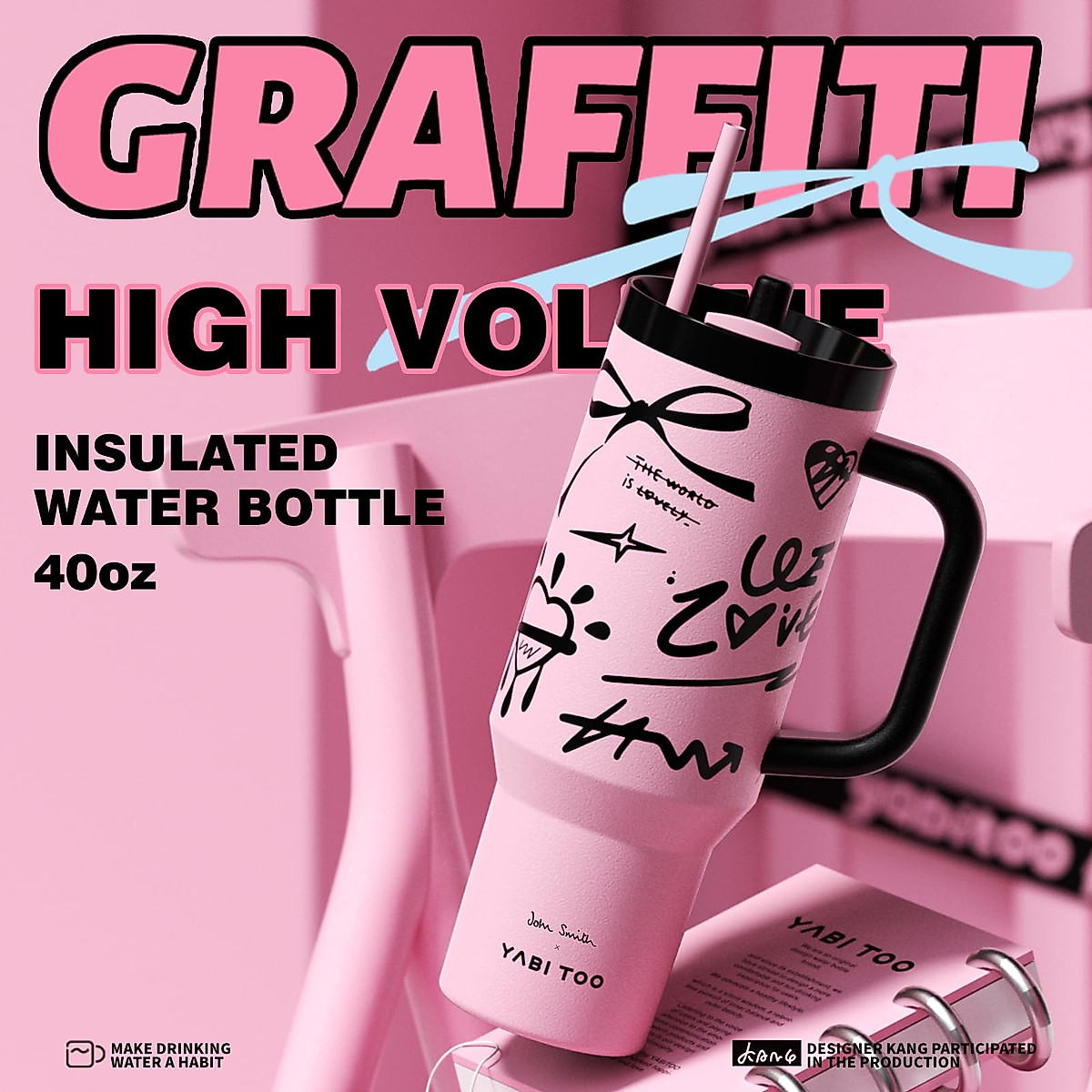 John Smith 40 oz Tumbler with Handle and Straw Reusable Stainless Steel Water Bottle Travel Mug Cupholder Friendly Gifts for Women Men Him Her (Pink)