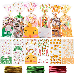 VEYLIN 120Pcs Easter Cellophane Goodie Bags, Plastic Easter Treat Bags Candy Cookie Bags with 150pcs Twist Ties 5” x 11”