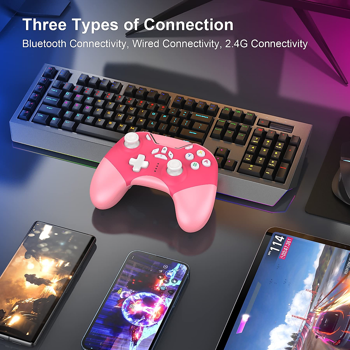 Paton Wireless Switch Controller for Nintendo Switch/Lite/OLED/Windows/Android/IOS Devices Controller, Bluetooth Controllers for Nintendo Switch with Vibration, Motion, Turbo and LED Light-Pink