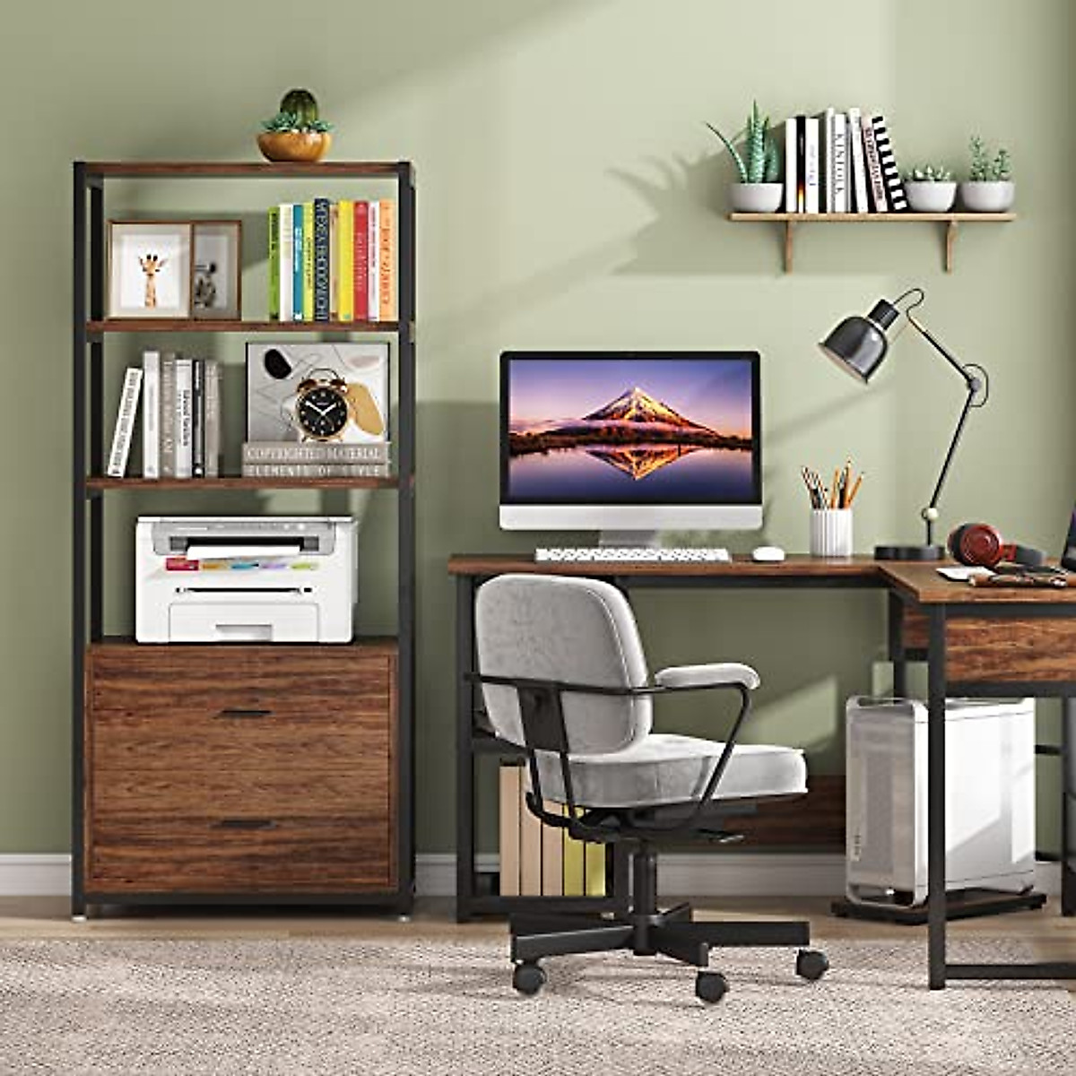 Tribesigns Bookcase, 4-Tier Rustic Bookshelf with 2 Drawers, Etagere Standard Book Shelves Display Shelf for Home Office