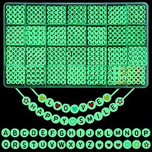 DIYDEC 1400pcs Glow Letter Beads 4x7mm Acrylic Glow in The Dark 28 Grids Round Letter Beads UV Luminous Alphabet Beads with Heart Beads for Bracelets Making DIY Crafts for Girls Adults