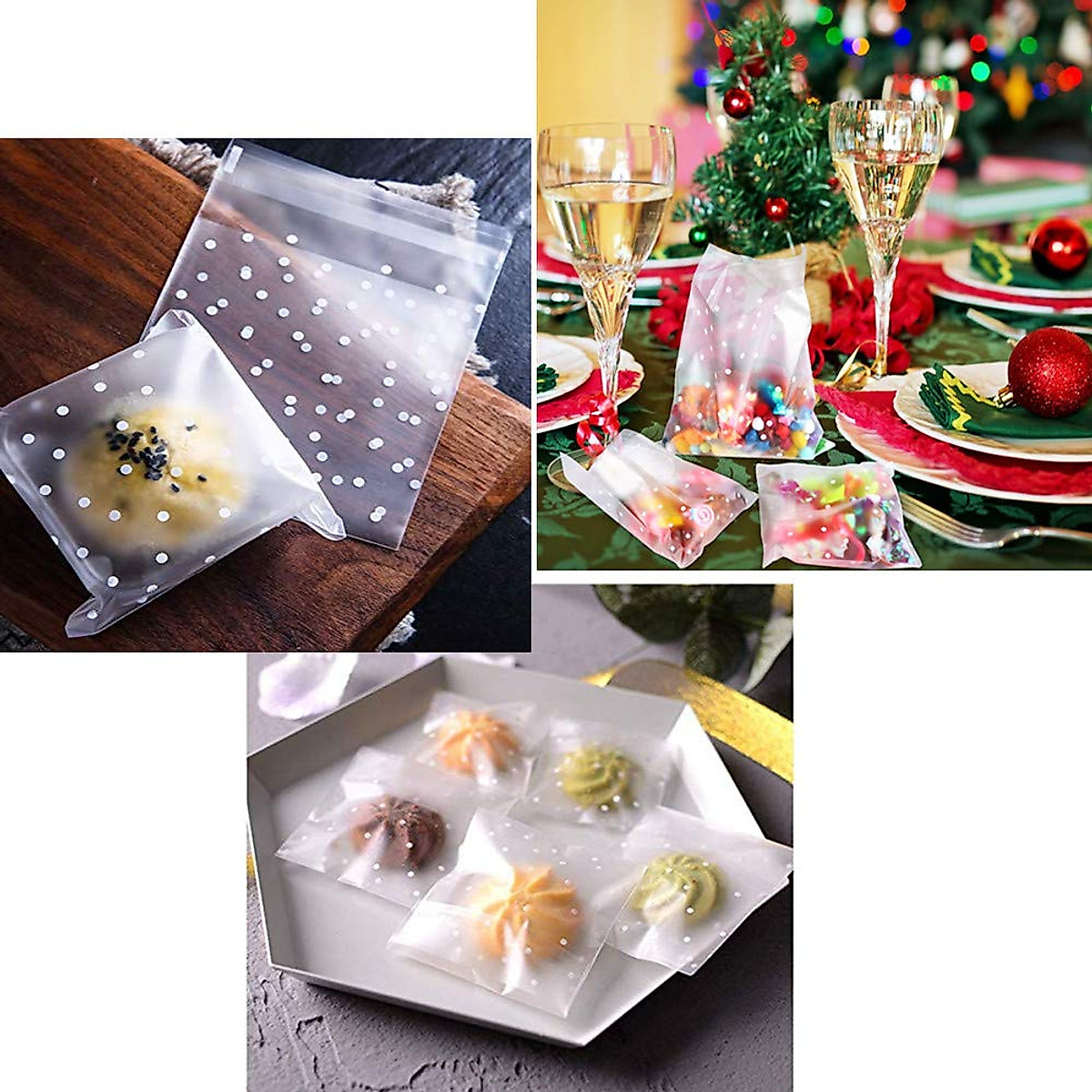 LiyuanQ Christmas Self Adhesive Candy Bag 200 PCS Cellophane Cookie Bags Self-adhesive Sealing Cellophane Bags White Polka Dot Clear Bags OPP Plastic Party Bag for Bakery, Candy (5.5 x 5.5 inches)