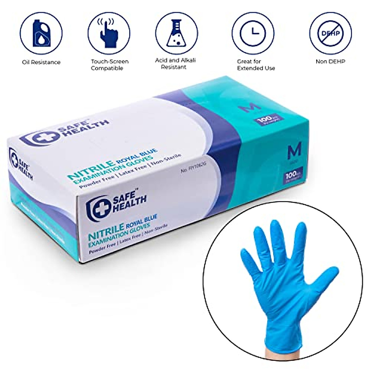 Safe Health Blue Nitrile Exam Gloves, 100-Count S M L XL, 3.5 Mil Free of Powder-Latex, Disposable-Textured, Clinic-Office-Daily, Medical, First-Aid, Clinics, Medium (M) Box 100, FIY1062G