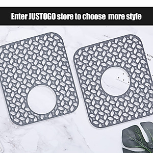 JUSTOGO Silicone Sink Mat, Grey Kitchen Sink Mats Grid Accessory, 2 PCS Folding Non-Slip Sink Protector for Kitchen Bottom of Farmhouse Stainless Steel Porcelain Sink (Center Drain, 13.58''x 11.6'')