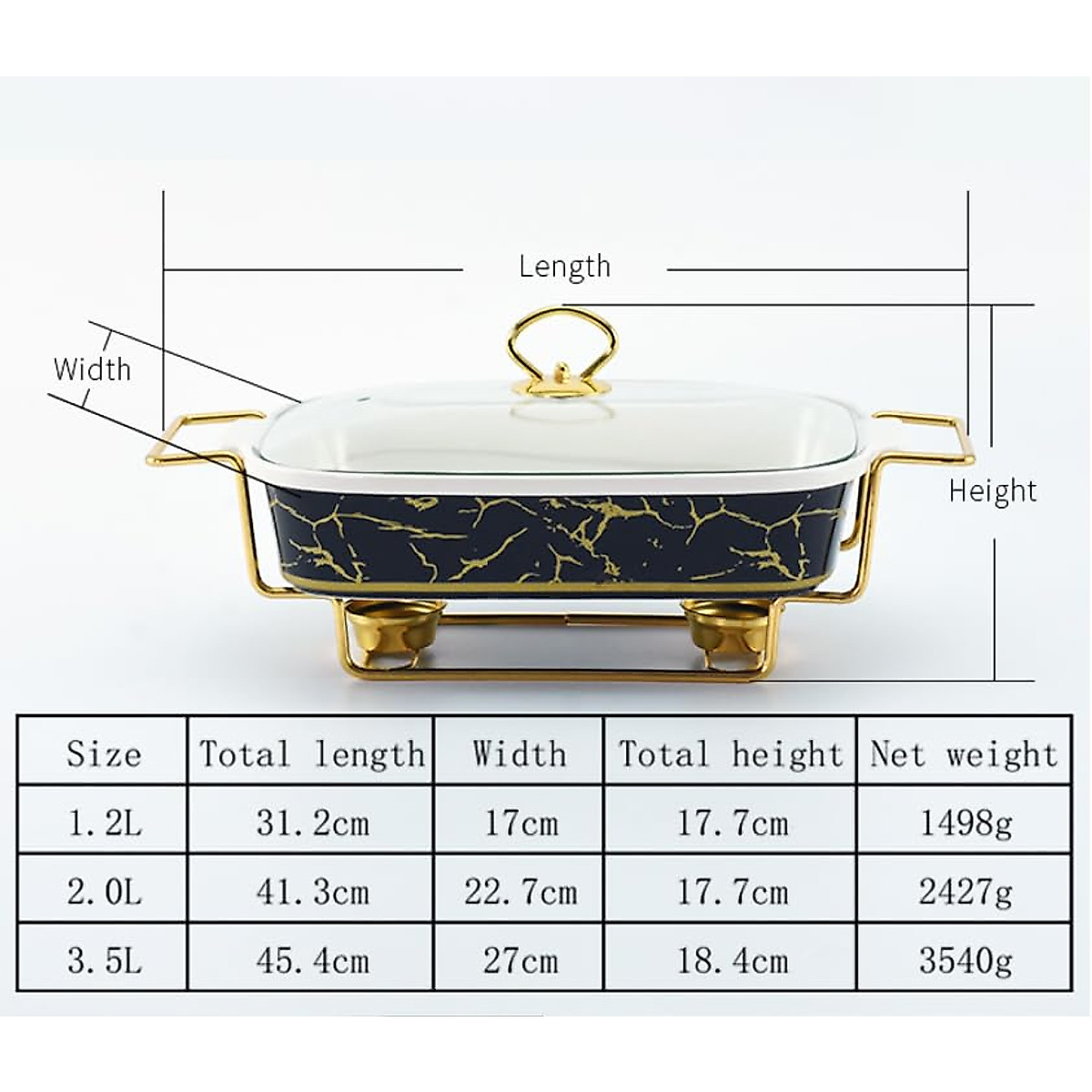 HONHPD 3PCS Rectangular Porcelain Casserole Warming Trays for Food, Ceramics Chafers, and Buffet Warmers Sets, Ceramics Chafing Dish Buffet Set, Green Marble Finish (11inch.13inch.15inch）