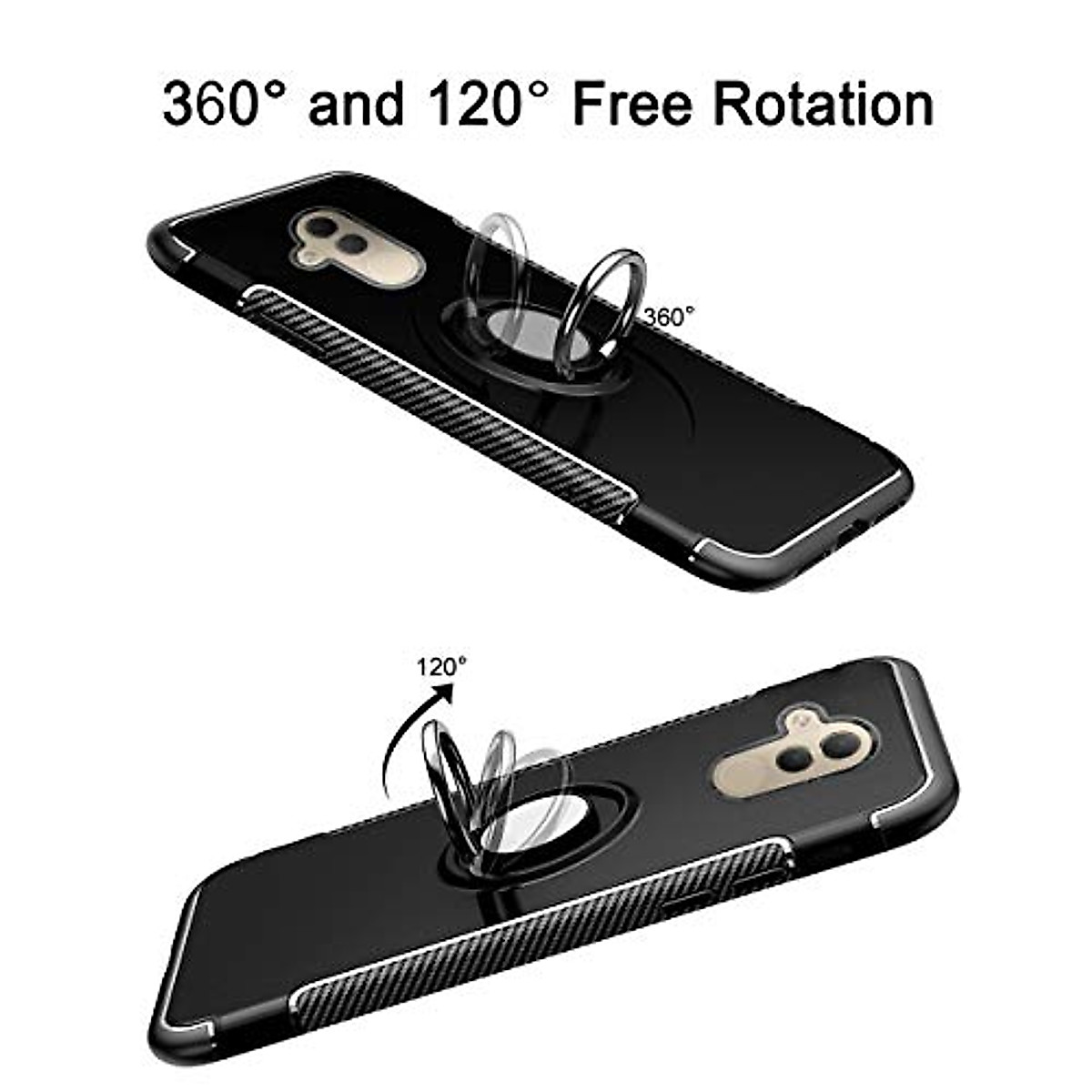 Orzero TPU + PC Hybrid Dual Layer Case Compatible for Huawei Mate 20 Lite Full Body Heavy Duty Protection 360 Rotating Metal Ring [Adsorbed Iron Plate] - Blue