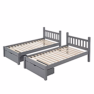 BOVZA Full Over Twin & Twin Bunk Bed, Wood Triple Bunk Bed with Drawers and Guardrails for 3 Kids Girls Boys Teens, Gray