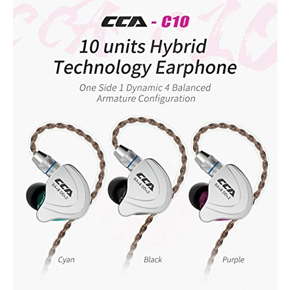 CCA C10 Hybrid in-Ear Earphones, 4BA+1DD HiFi Stereo Deep Bass Noise Isolating Sport IEM Wired Earbuds/Headphones, Stage/Studio in Ear Monitor with Detachable Cable 2Pin 0.75mm (with Mic, Purple)