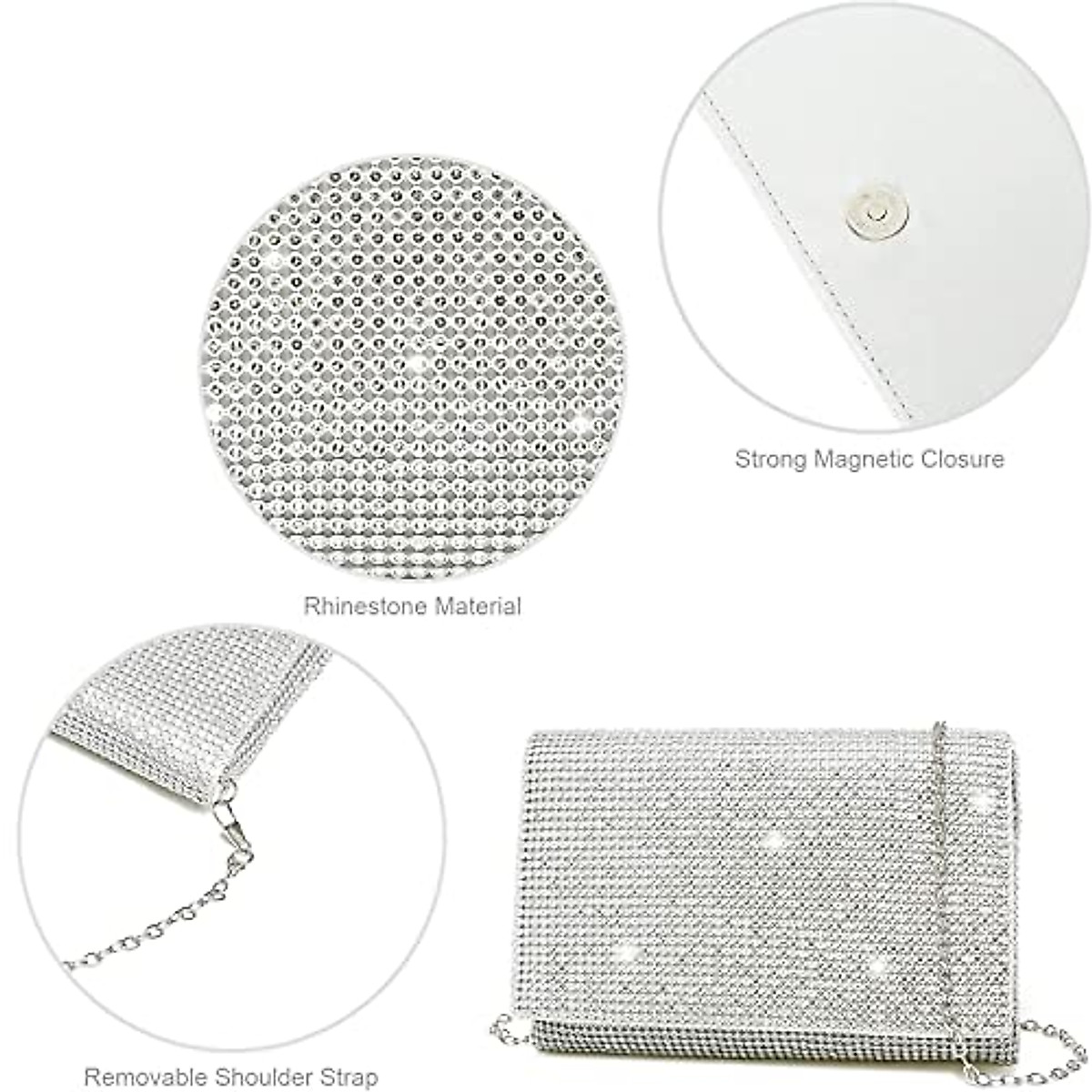 YIKOEE Rhinestone Clutch Purses for Women Glitter Evening Bag with Chain Strap (Silver)