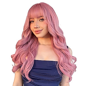 N NAYASA Pink Wigs with Bangs Long Wavy Pink Wigs for Women Synthetic Natural Wavy Wig Heat Resistant Colorful Wigs for Daily Party Cosplay Use 22”