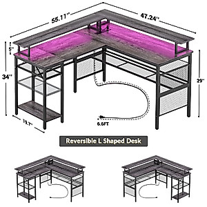 Unikito Cool L Shaped Computer Desk, Reversible Corner Office Desk with Smart Strip Light and Magic Power Outlets, Sturdy Ergonomic Gaming Table with Monitor Stand and Storage Shelf, Grid Design, Gray