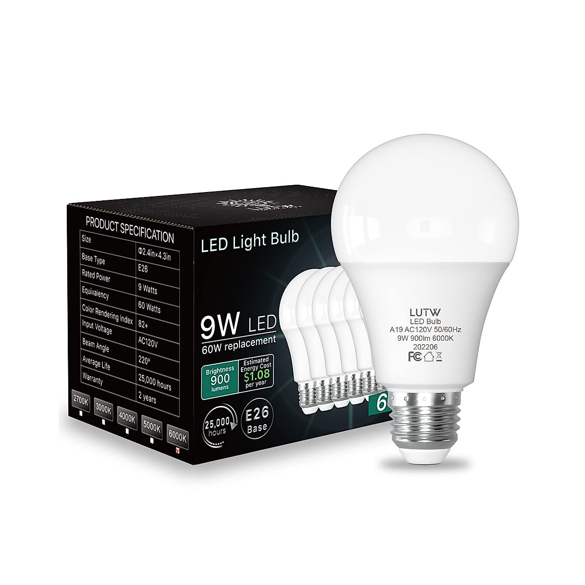 LUTW LED Light Bulbs 60 Watts Equivalent, 900 Lumen Standard LED Bulb, 9W E26 Base Cool White 6000K Non-Dimmable, Perfect for Bedroom and Living Room Lighting, 6 Pack