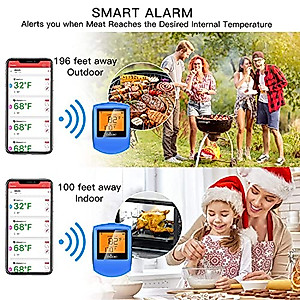 Bluetooth Meat Thermometer, Wireless BBQ Thermometer, Digital Cooking Thermometer for Grilling Smart APP Control with 6 Stainless Steel Probes, Support iOS & Android (Blue)