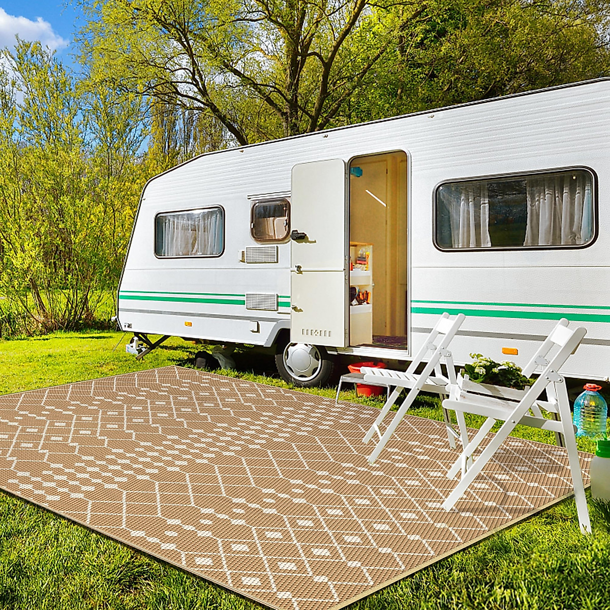 GENIMO Rug for Patio Clearance, 5'x8' Waterproof Reversible Outside Carpet for Outdoor Decor, Area Boho Plastic Straw Mat for RV, Deck, Camping, Camper,Brown & Beige