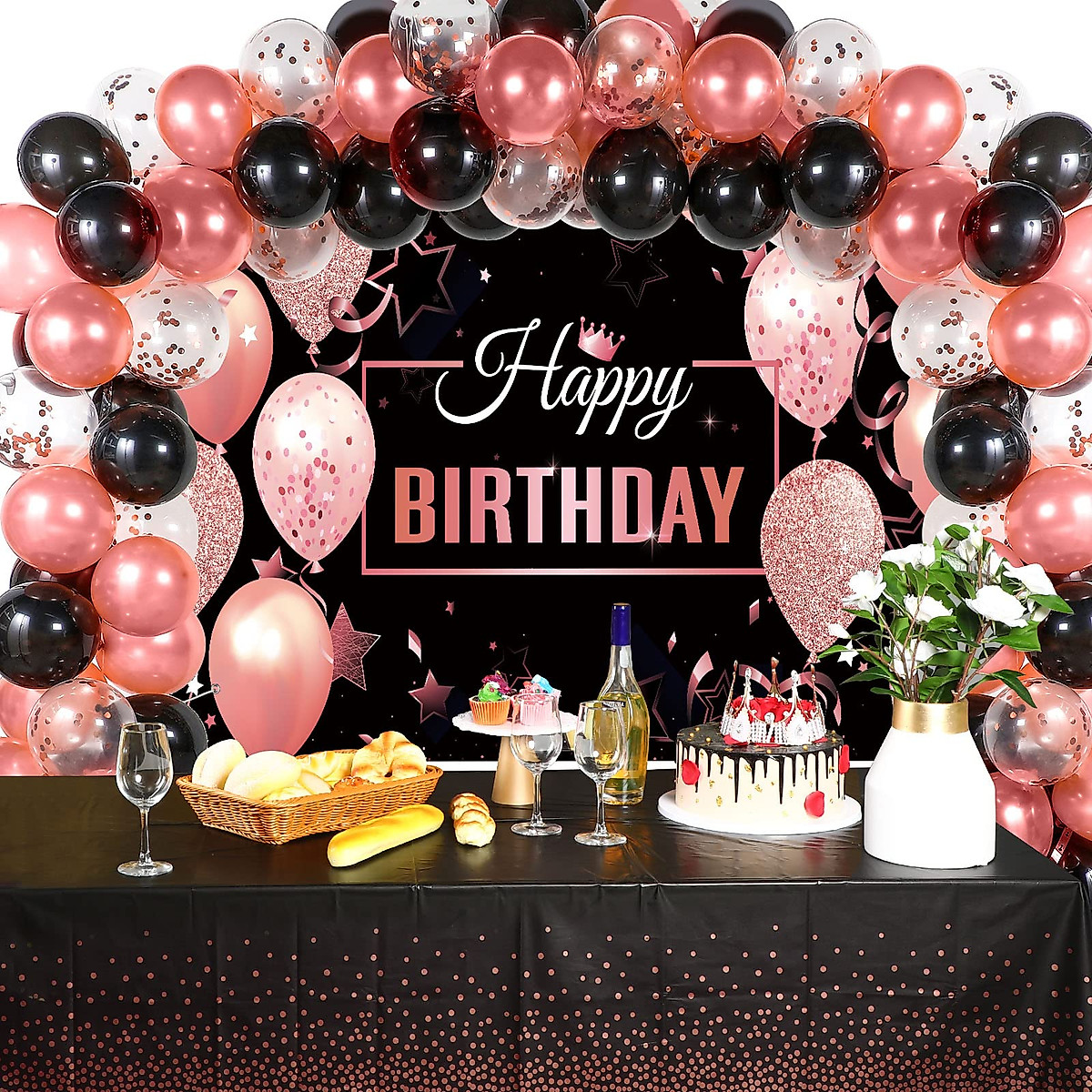 Black and Rose Gold Birthday Party Supplies 57 Pcs Rose Gold Black Balloon Arch Garland Kit Happy Birthday Photography Backdrop Banner Decorations for Women Men Kids Anniversary Birthday Party Decor