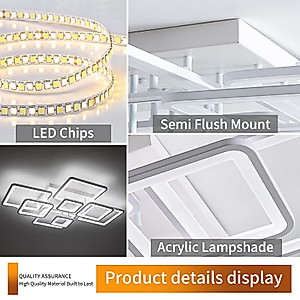 Shine LUEST Modern Dimmable LED Ceiling Lights, White Flush Mount Light Fixtures with Remote Control, Large Square 8-Ring Lamps for Living Room, Bedroom, 100W