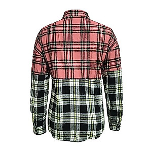 KOJOOIN Women's Oversized Flannels Plaid Color Block Oversized Button Down Shirts Patchwork Lightweight Blouses Pink&Black L