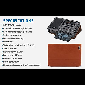 Eton - Elite Traveler AM/FM/LW/Shortwave Radio with RDS & Custom Leather Carry Cover, 500 Station Memory, Sleep Timer, Local/World Time Setting, Snooze Function, Orange LCD Display, Earphone Jack