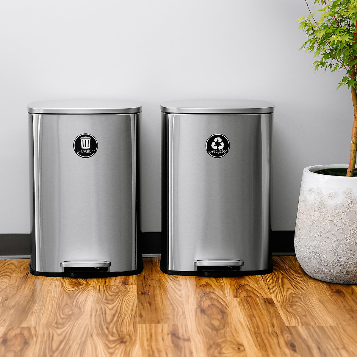 Black Trash Recycle Magnets for Kitchen Trash Can and Recycle Bin, Farmhouse Garbage Can Logo Symbol Magnet, 3.5 Inch Recycle Sticker for Trash Can with 4 Adhesive Stickers, Made in USA, Black 2 Pack