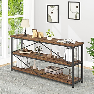 IBF Low Rustic 3 Tier Bookshelf, Industrial Horizontal Wood Bookcase, Farmhouse Long Wide Open Metal Etagere, Modern Large Vintage Book Shelf for Home Office Bedroom Living Room, Rustic Brown, 63 Inch