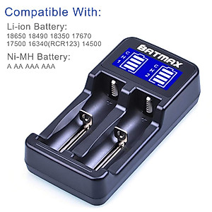 Batmax LCD Universal Intelligent USB Dual Battery Charger for Li-ion/Ni-MH/Ni-Cd 18490 18350 17670 17500 16340(RCR123) 14500 A AA AAA AAAA Rechargeable Batteries