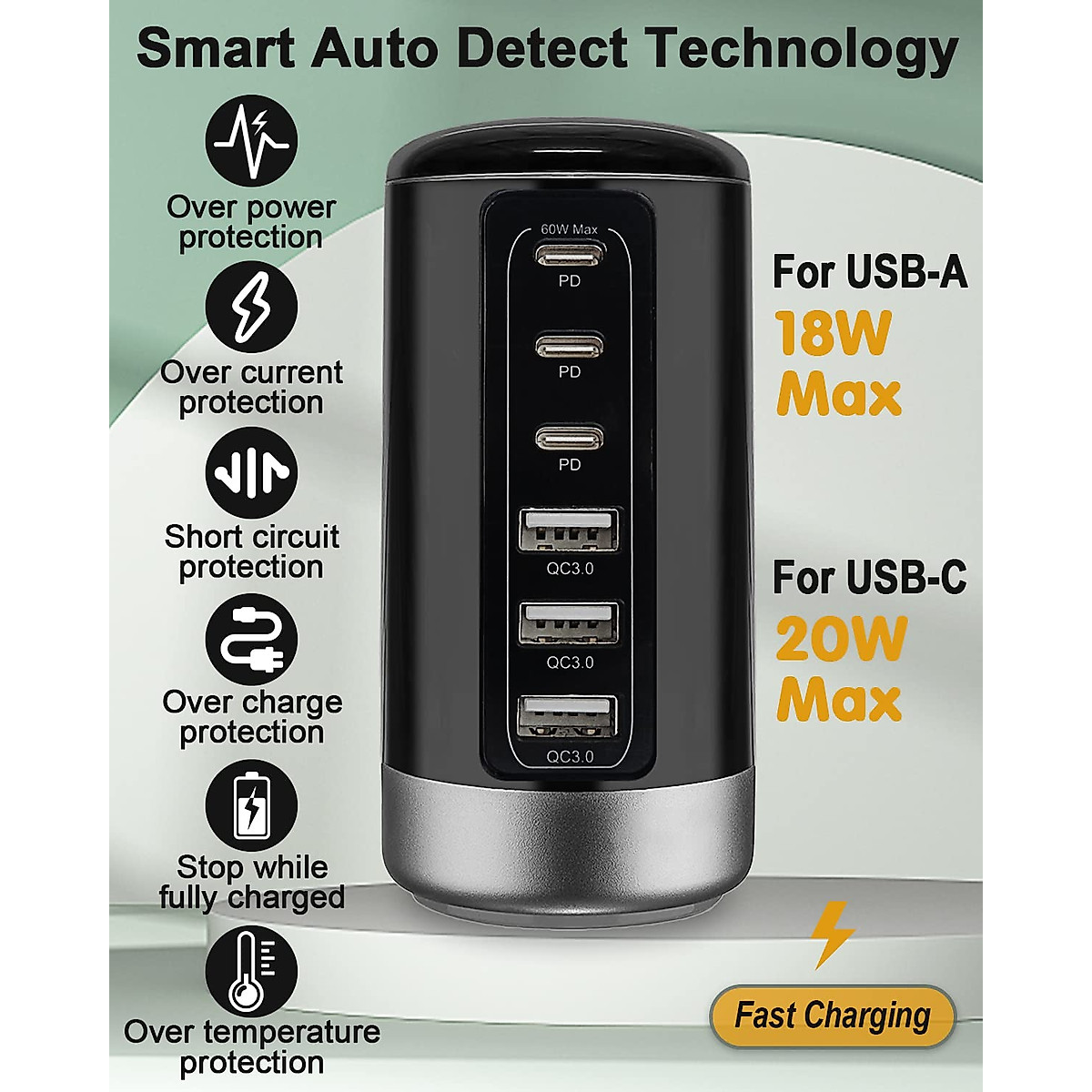 Universal USB & USB C Tower Fast Charging Station 6-Port 60W - Compact, Space-Saving Design with Multiple USB & USB-C Ports for All iPhone Galaxy Note Pixel iPad Multiple Devices