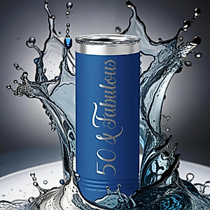 50 & Fabulous 22 oz Skinny Tumbler 50th Birthday Gifts For Women on Blue Decorations Funny Present Vacuum Insulated Cup