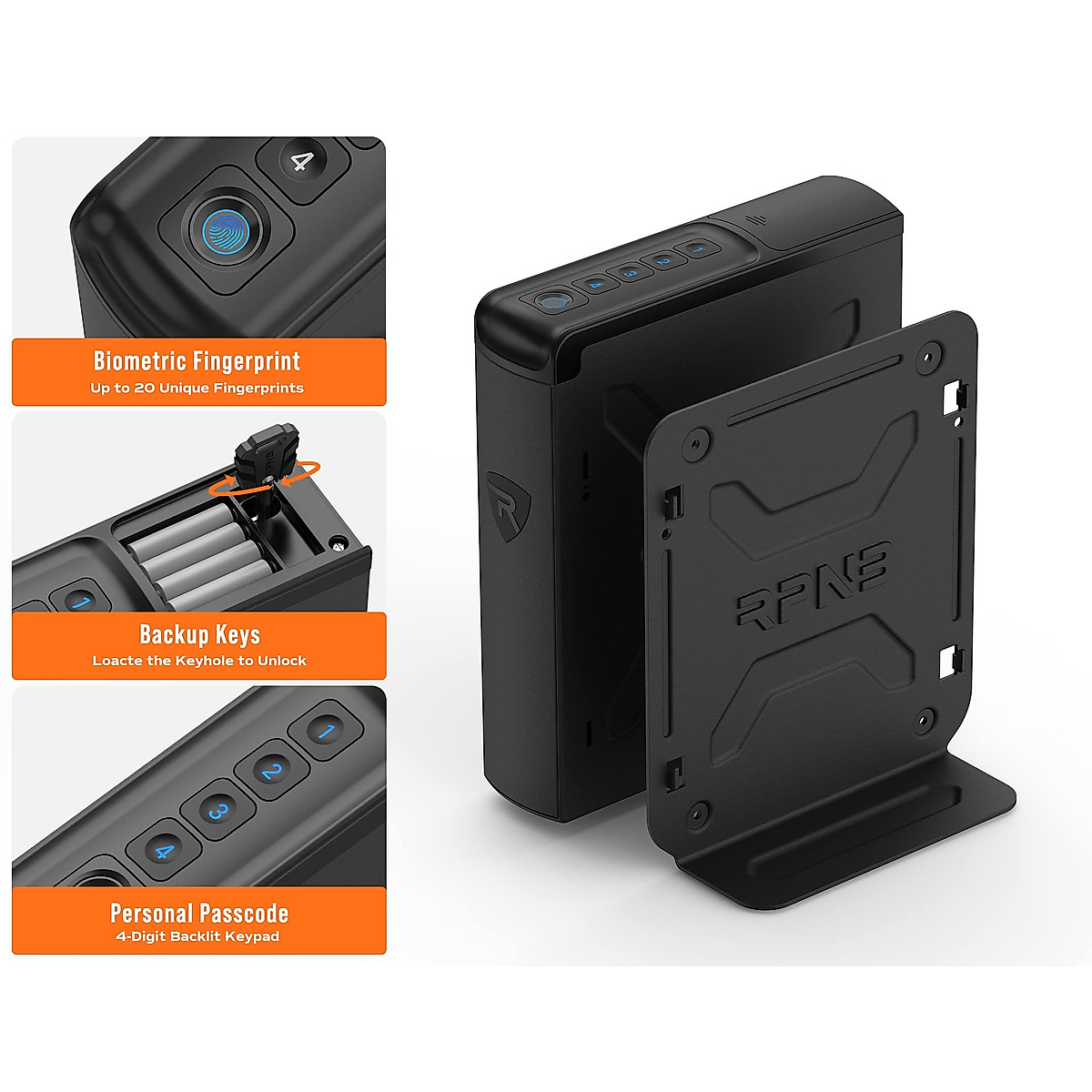 RPNB Gun Safe,Mounted Biometric Nightstand Handgun Safe with Quick Access Sliding Door, Pistol Safes for Wall Bedside Desk Vehicle with the Fingerprint, Keypad, Pistol Holder,Carbon Knight Series