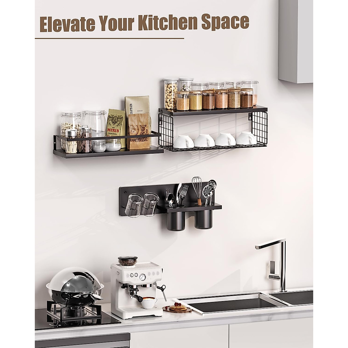 ROPALINS Bathroom Shelves Over Toilet - Floating Shelves Wall Mounted with Storage Basket for Bathroom Decor, Bedroom, Living Room, Kitchen Black