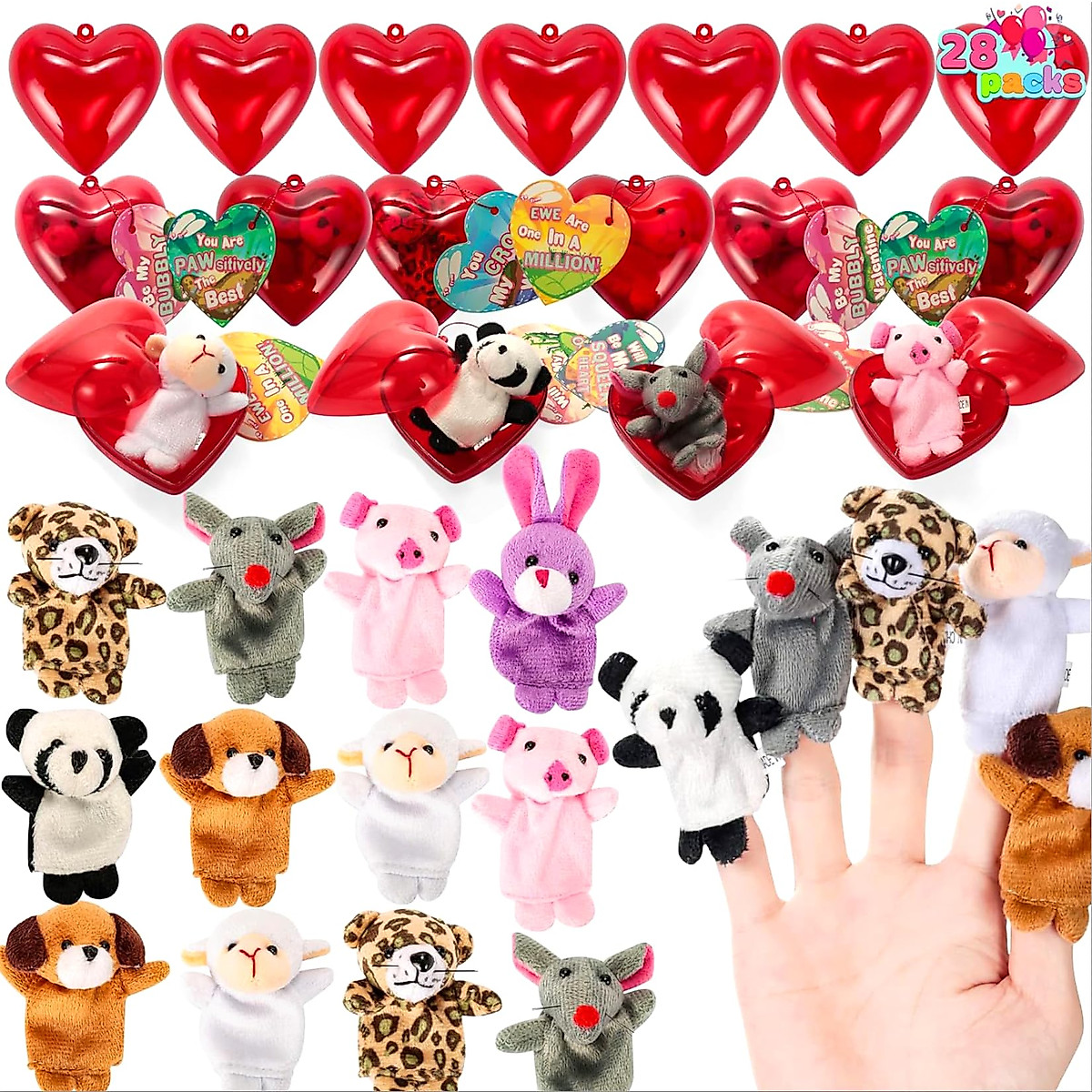 JOYIN 28 Packs Valentines Day Prefilled Hearts with Plush Animal Finger Puppet and Valentins Card for Kids Valentine Classroom Exchange, Valentine Party Favors, Gift Exchange, Game Prizes
