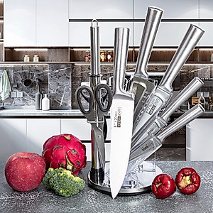 Knife Set, Professional Stainless Steel Chef Knife Set of 9 with Rotatable Acrylic Stand for Kitchen, Ergonomic Ultra Sharp Non-Stick Kitchen Knife set with Gift Box for Women Gifts (Silver)