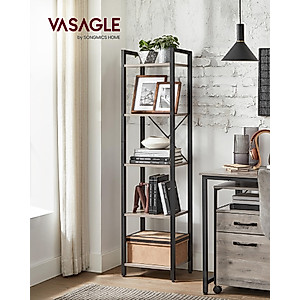 VASAGLE 5-Tier Bookshelf, Bookcase with Steel Frame, Book Shelf for Living Room, Home Office, Study, 11.8 x 15.7 x 60.2 Inches, Industrial Style, Heather Greige and Ink Black ULLS100B02