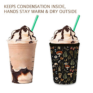 Reusable Insulated Neoprene Iced Coffee Cup Sleeve, Durable Drink Sleeve for Cold Beverages, Beverage Holder for iced coffee (Mushroom Mirage)