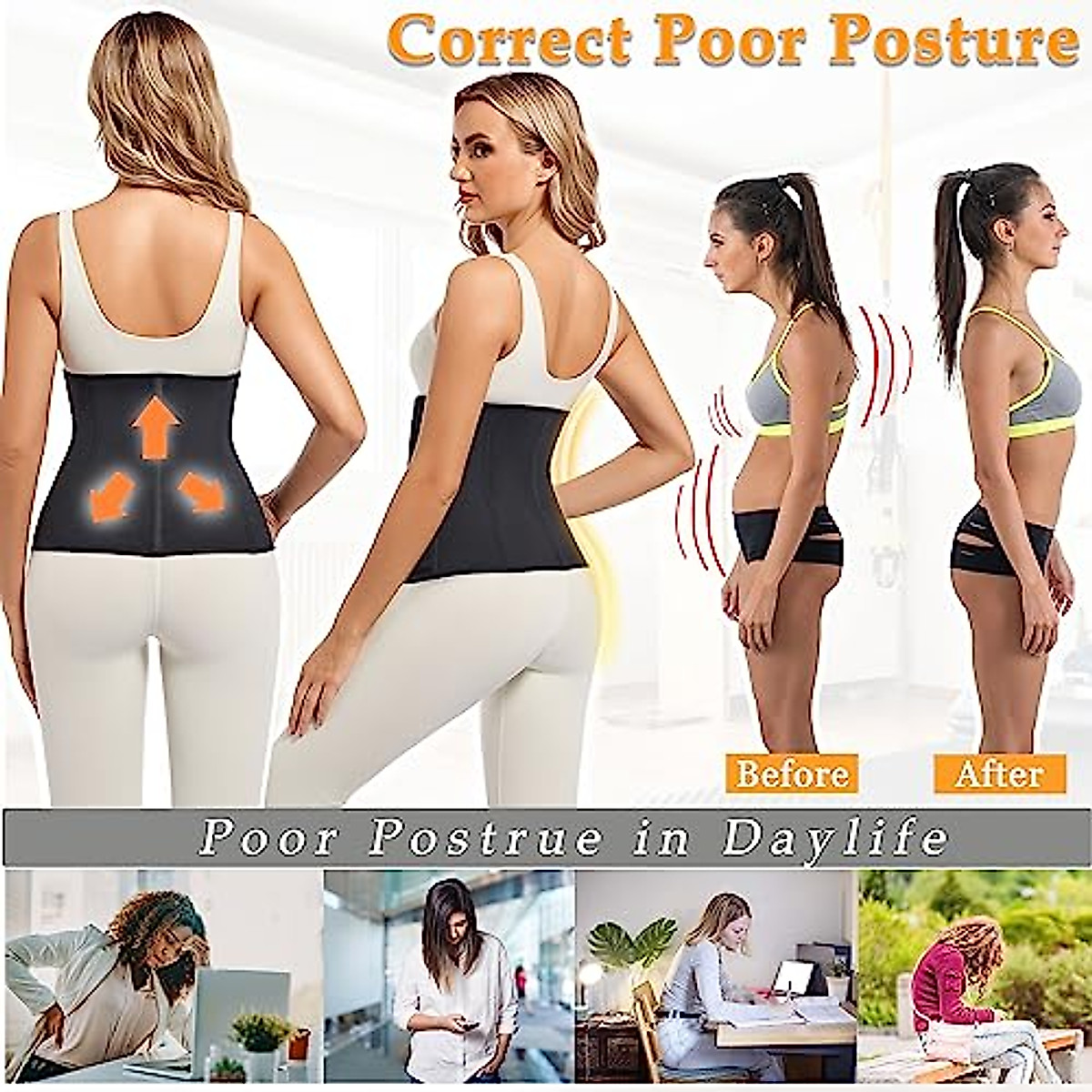 Everfion Waist Trainers Trimmer for Women Sauna Sweat Bands Wraps Workout Corset Slimming Belts Hot Body Shaper,Blue, L