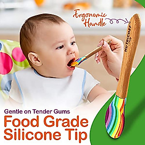 Nutrichef Baby and Toddler, 3 Compartment Plate, Bowl, Cup and Spoon Feeding Set- Silicon Suction, Non-toxic All Natural Bamboo Baby Food Plate (Stripe Set)