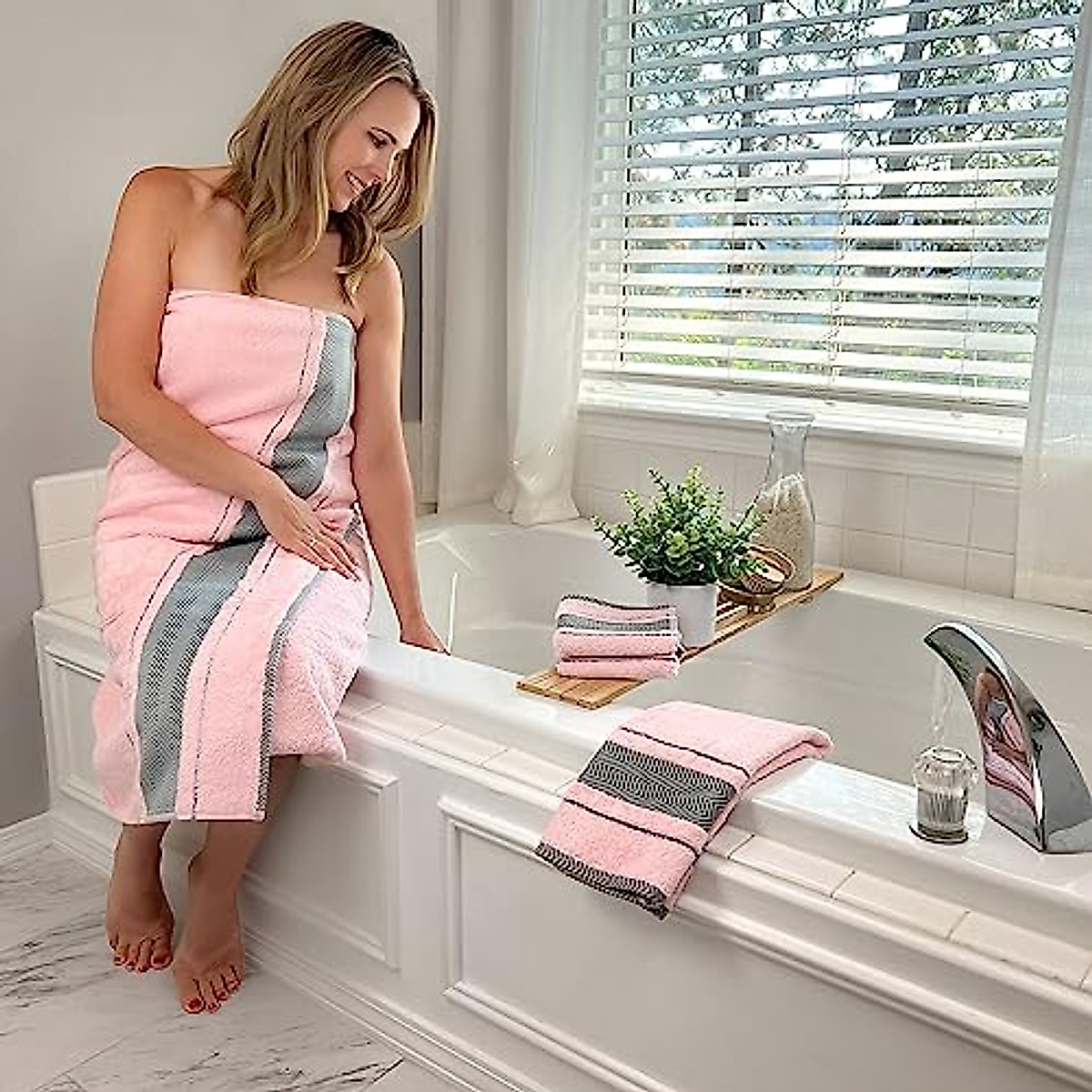 Kafthan Fishbone Soft & Absorbent Turkish Cotton Bathroom Towel Set with Bath Towel, Face/Hand/Hair Towel & Washcloth - Thick, Quick Dry Towels for Shower - Pink, Set of 4