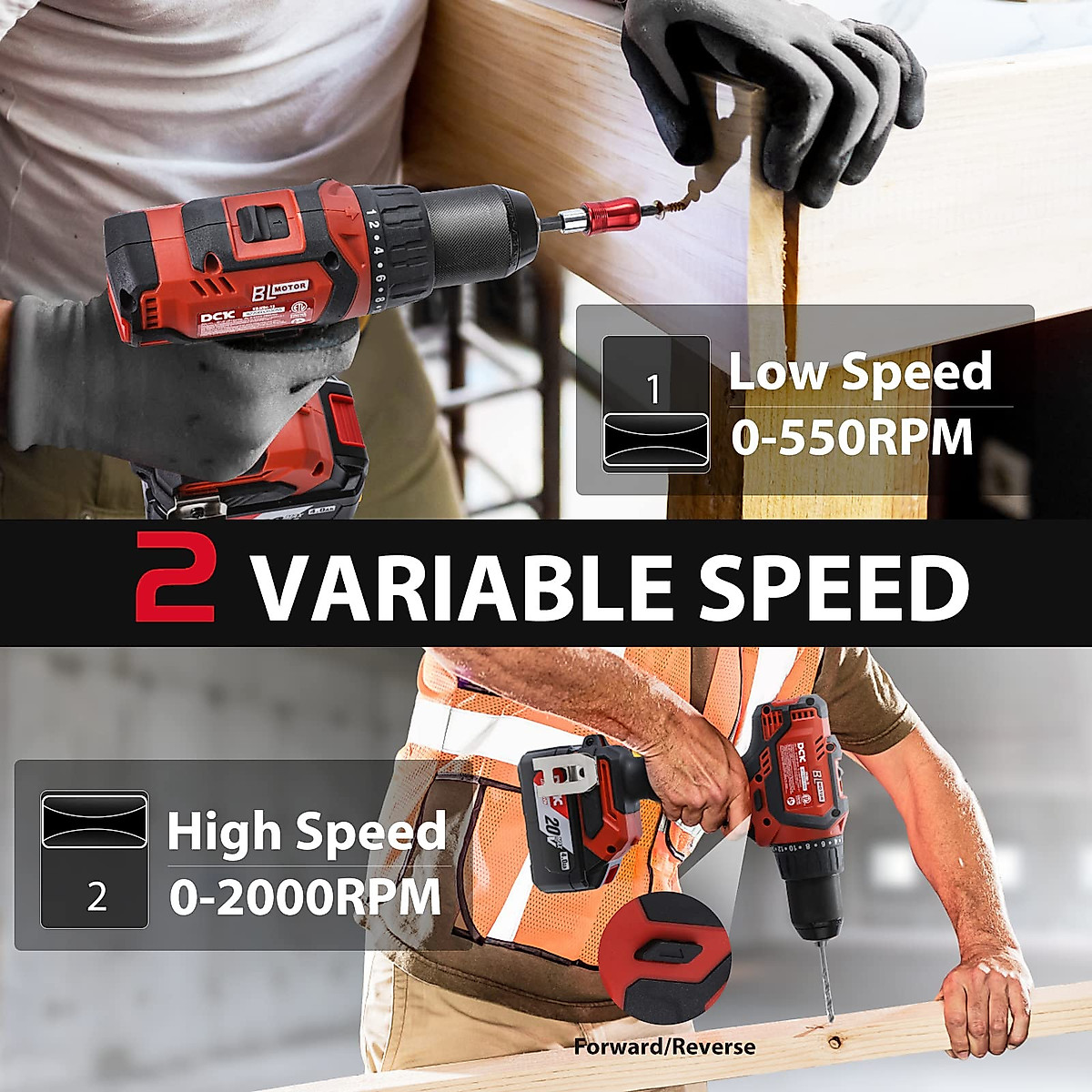 DCK Brushless Cordless Drill Set, 20V Max Electric Drill with 4.0Ah Battery 531in.lbs, 1/2Inch Keyless All-Metal Chuck, 2 Variable Speeds, Power Drill Kit for Screw Wood/Ceramic/Tile/Steel KDJZ04-13