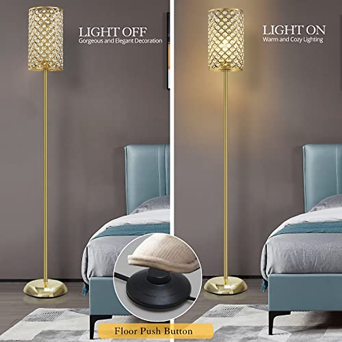 RAYINIGHT Gold Floor Lamp,Elegant Crystal Floor Lamp Modern Standing Lamp with On/Off Foot Switch,Tall Pole Accent Lighting for Living Room, Girl Bedroom, Dresser, Office