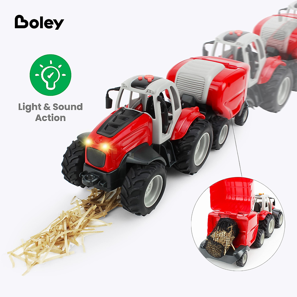 Boley Farm Tractor Toy with Baler - Light & Sound Farm Toy Vehicles with Paper Hay & Nets - Tractor Toys for Boys & Girls Ages 3+